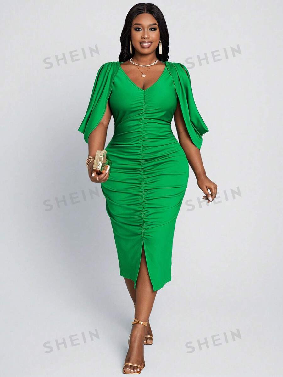 SHEIN Lady Plus Size Women's Elegant Chic Green Summer Dress With Slit ...