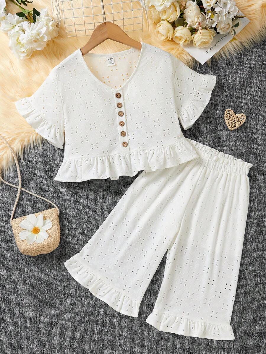 Tween Girl Country Style White Hollow Out Ruffle Edge Set | SHEIN UK