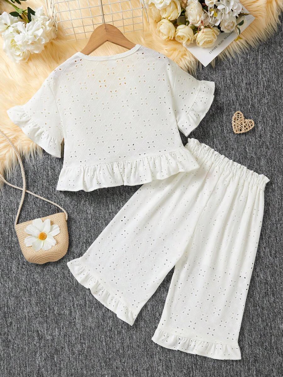 Tween Girl Country Style White Hollow Out Ruffle Edge Set | SHEIN UK