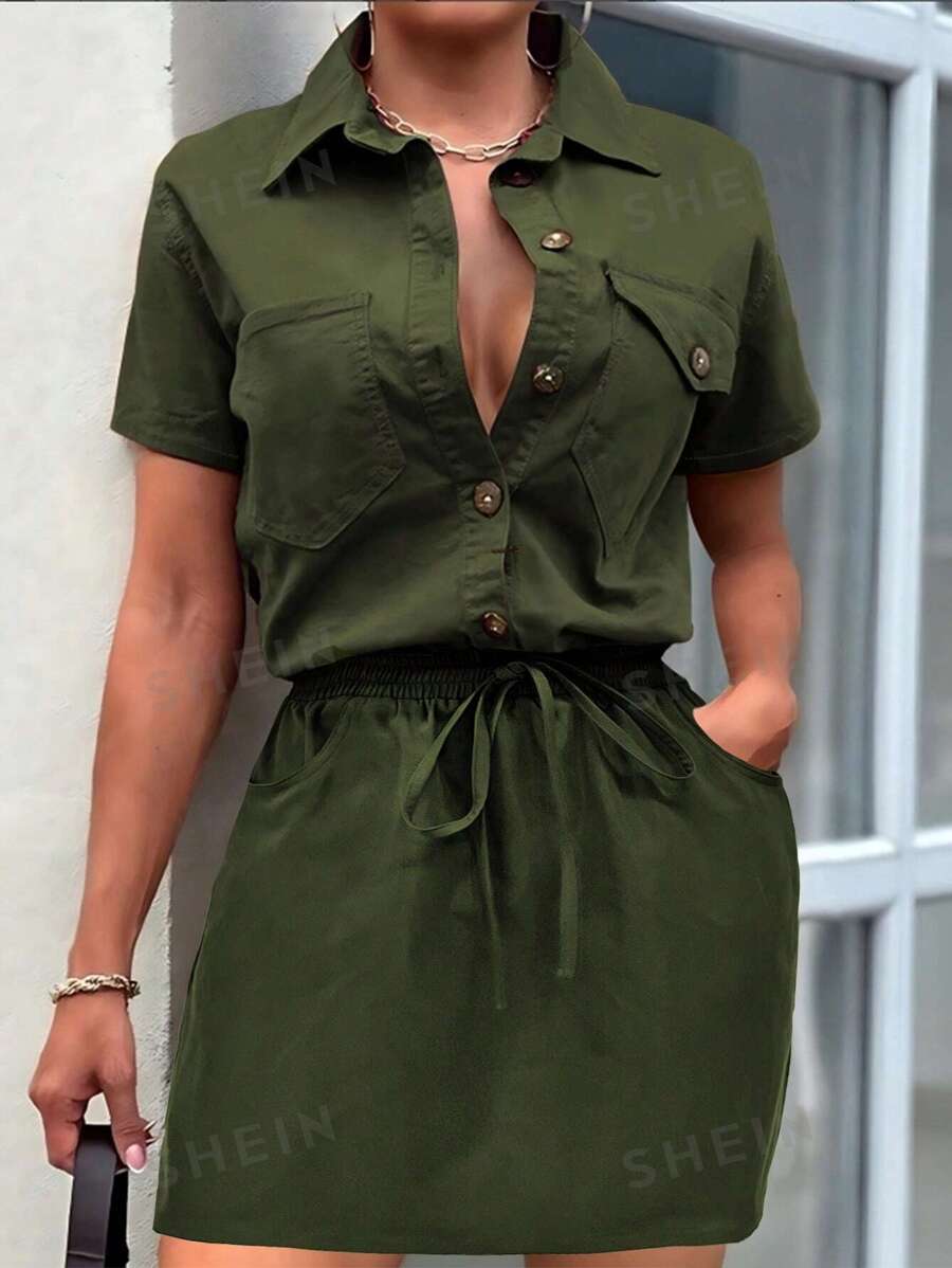 SHEIN LUNE Vestido Camisa Feminino Verde Exército de Verão para o ...