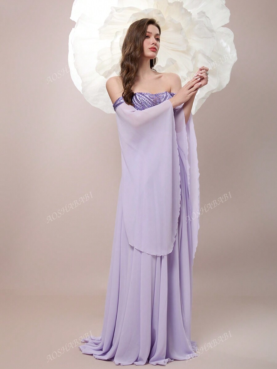 Robe du soir élégante à volant trompette fendue et à sequins pour ...