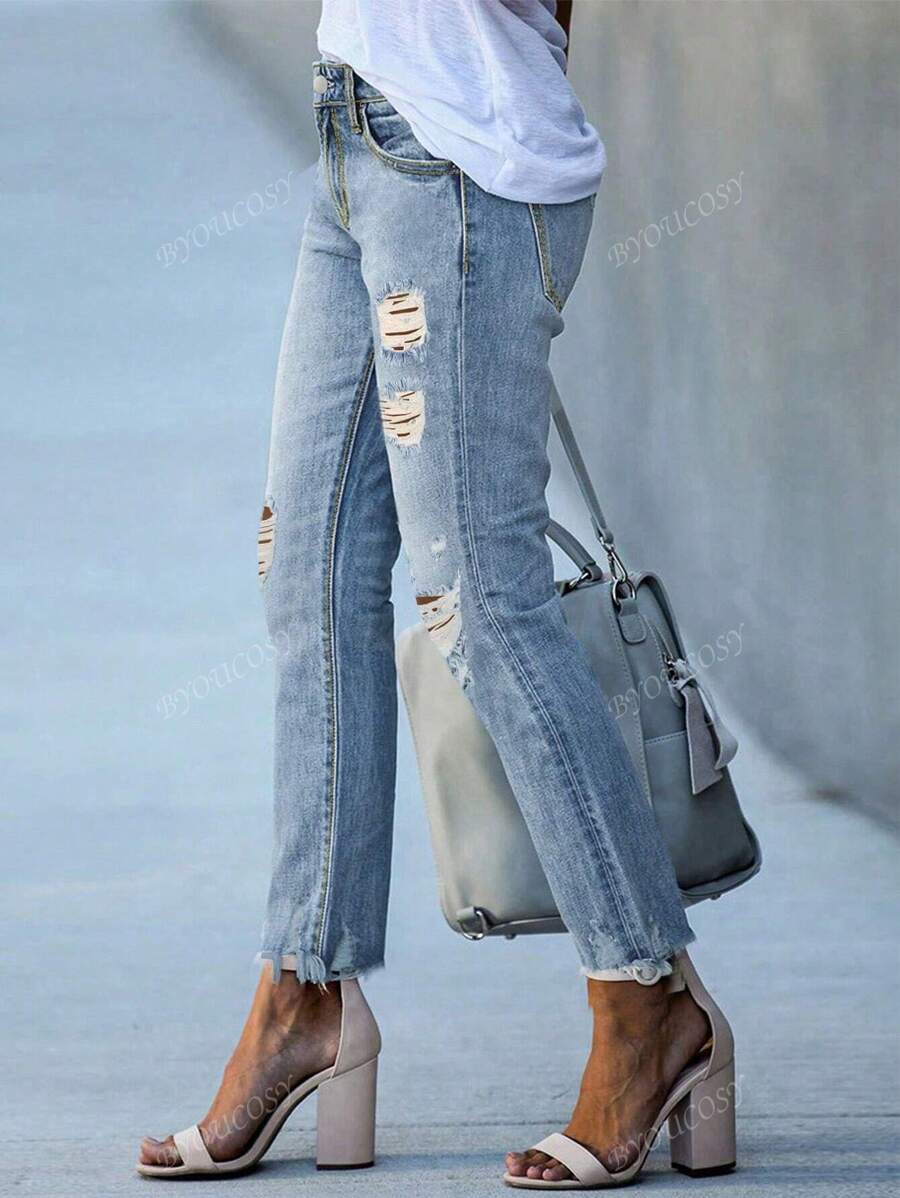 Ripped Raw Hem Jeans | SHEIN USA