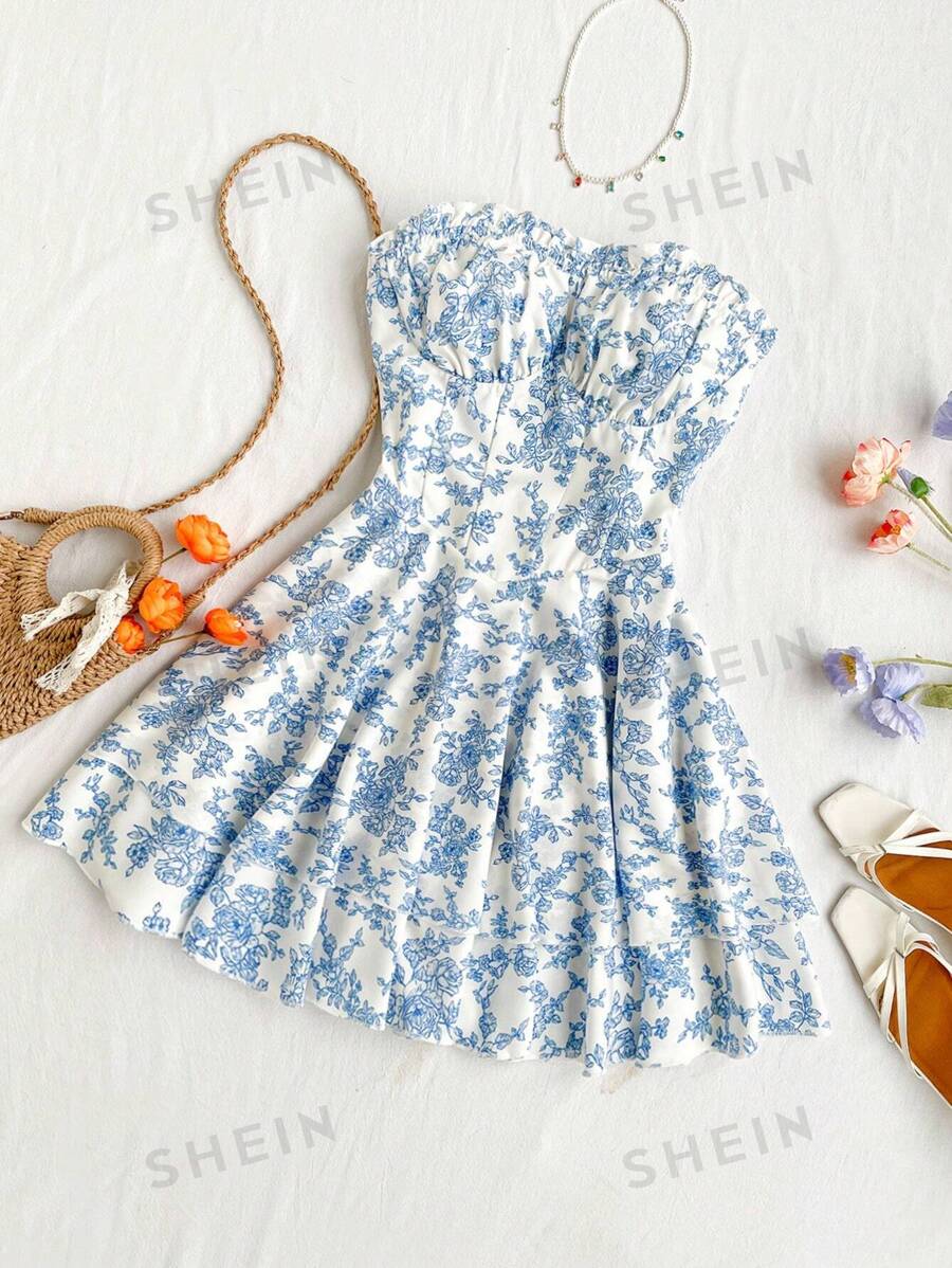 Shein Wywh Womens Vacation Blue And White Ditsy Floral Strapless Dress