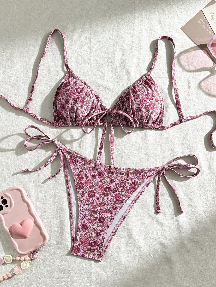 Swim Mod Ditsy Floral Print Tie Side Bikini Summer | SHEIN
