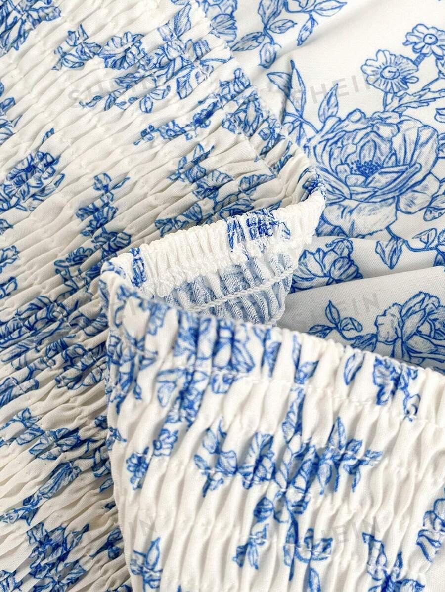 SHEIN WYWH Women's Vacation Blue & White Ditsy Floral Strapless Dress ...