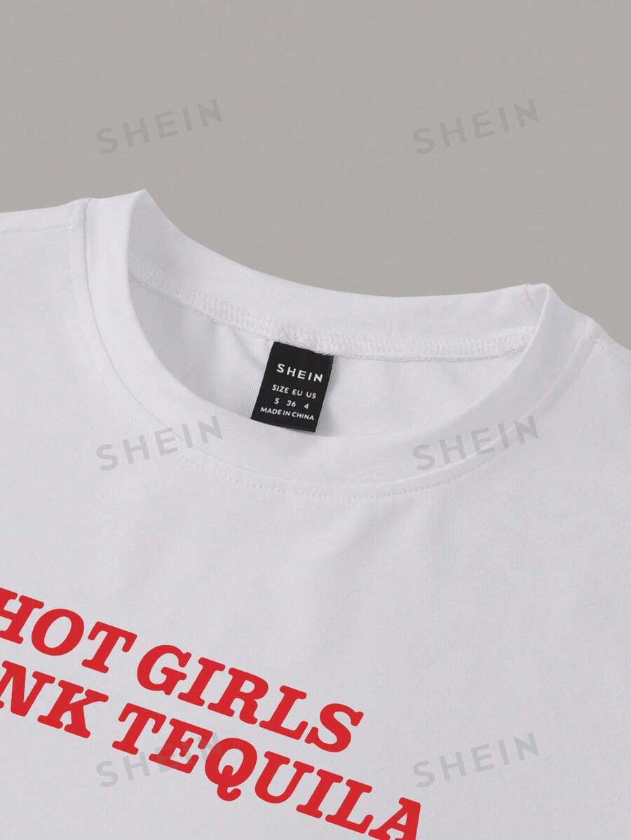 Shein Ezwear Womens Summer Y2k Pink Tequila Slogan Cropped T Shirt Hot