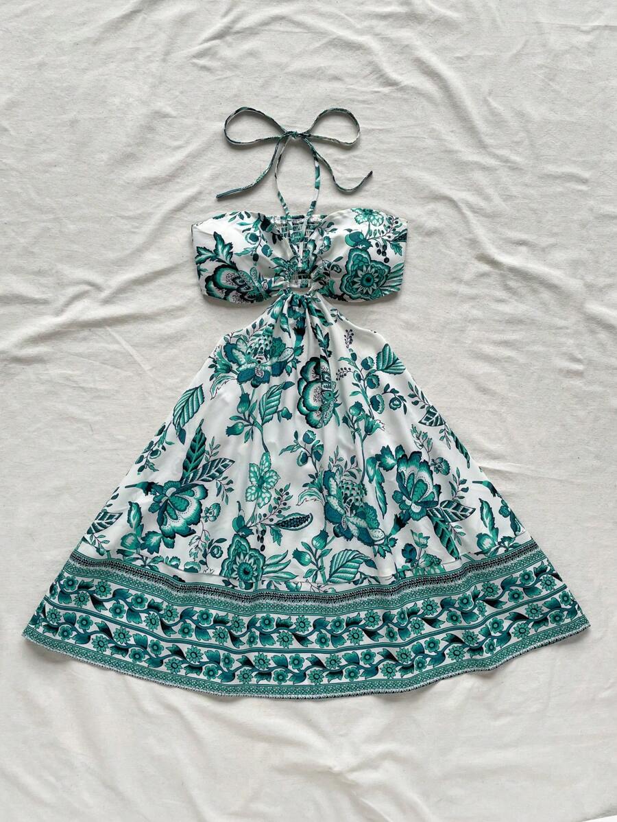 Soleia Vestido de férias casual azul e branco com estampa floral, com ...