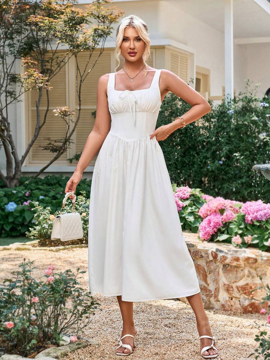 PARTHEA Women Plain White Square Neck Tie Back Shirred Ruched Sundress ...