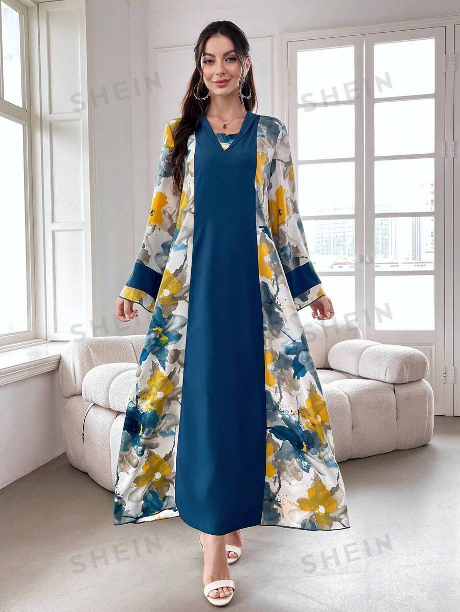 SHEIN Najma Women's V-Neck Floral Tie Dye Long Sleeve Elegant Arabic ...