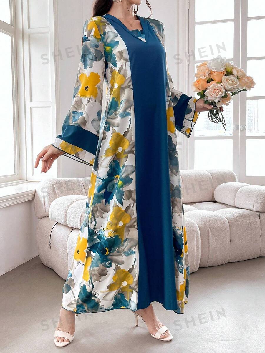 SHEIN Najma Women's V-Neck Floral Tie Dye Long Sleeve Elegant Arabic ...