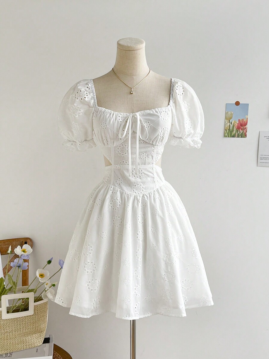 SHEIN WYWH Women's White Romantic Cute Embroidered Floral Brocade ...