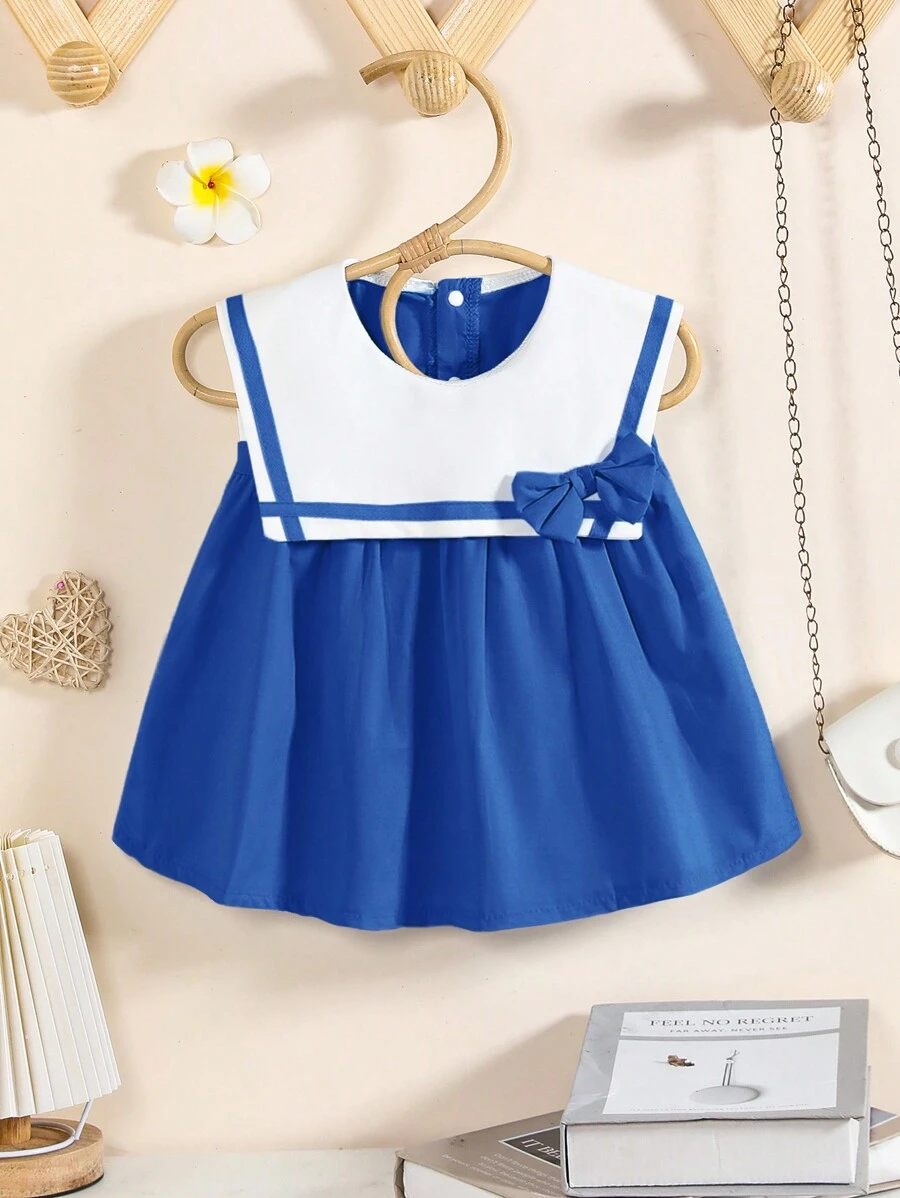 Souflis ชุดเดรสคอปกสีกรมท่าแขนกุดฤดูร้อนสำหรับเด็กผู้หญิงพร้อมการตกแต่ง ...