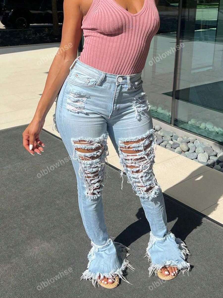 Rave Y2K Street High Waist Stretchy Slant Pocket Ripped Decor Raw Hem ...