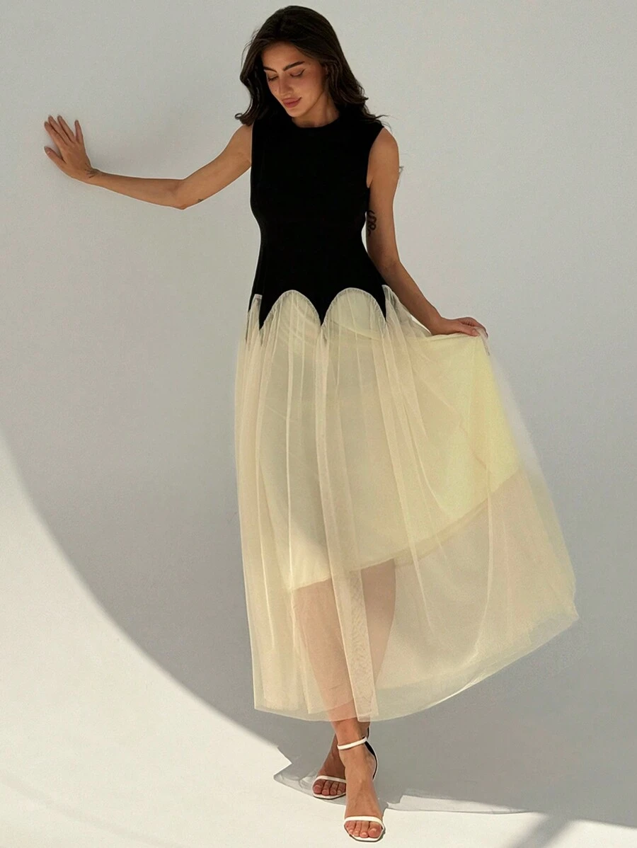 Aloruh Elegant Color Block Mesh Splicing Slim Fit Sleeveless Round Neck ...