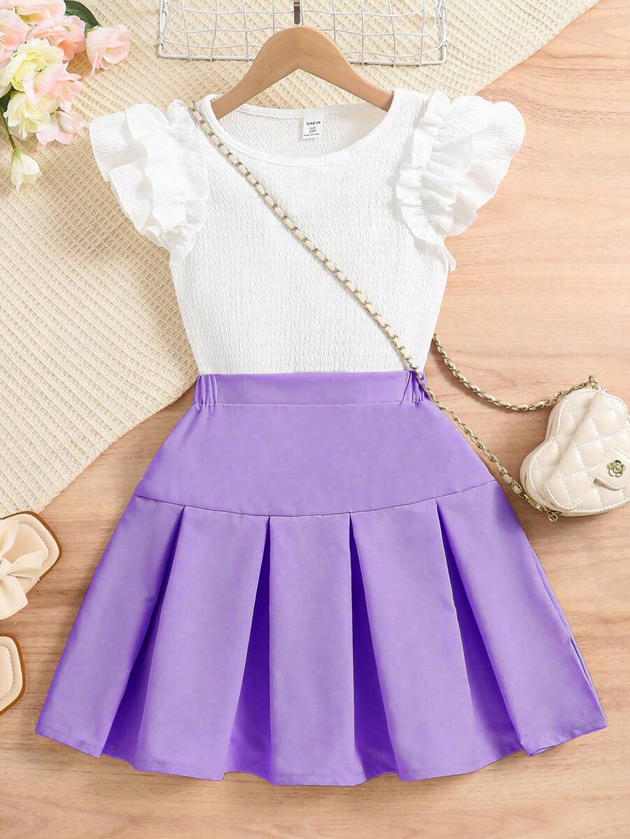 SHEIN Ensemble Top texturé à volants et jupe plissée pour jeune fille ...