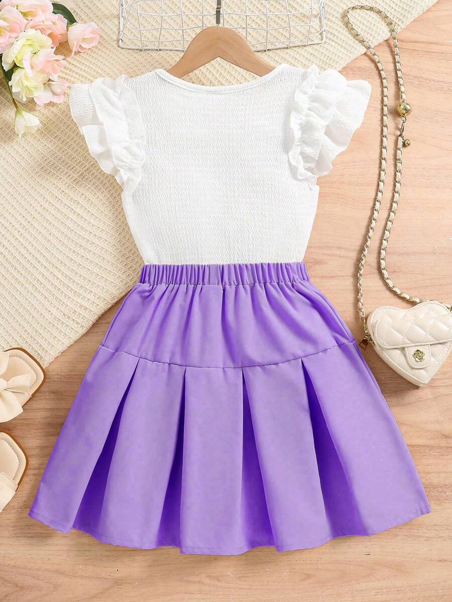 SHEIN Conjunto de top con textura de volantes y falda plisada para niña ...