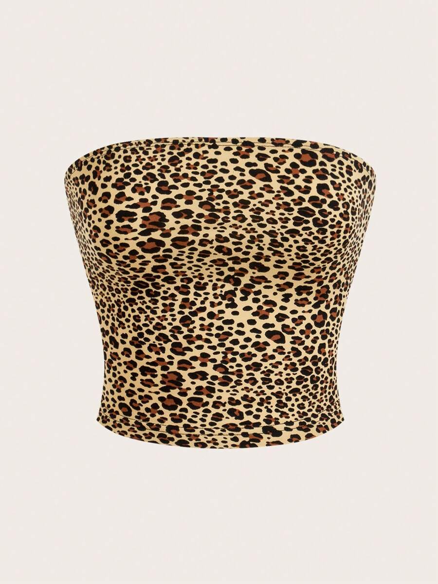 SHEIN EZwear Women's Summer Casual Leopard Print Strapless Top | SHEIN USA