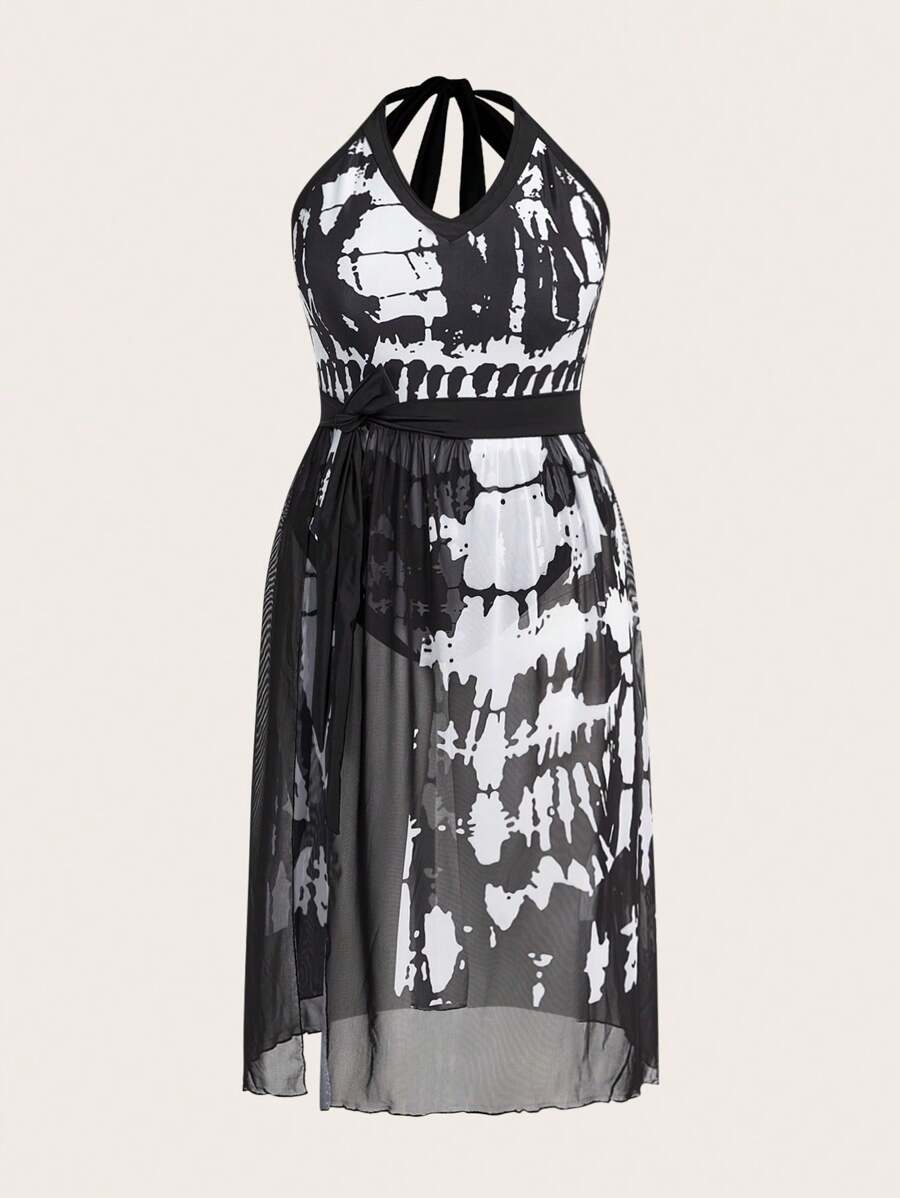 SHEIN Swim Curve Plus Size Tie-Dye Sheer Mesh One-Piece Swimsuit ...