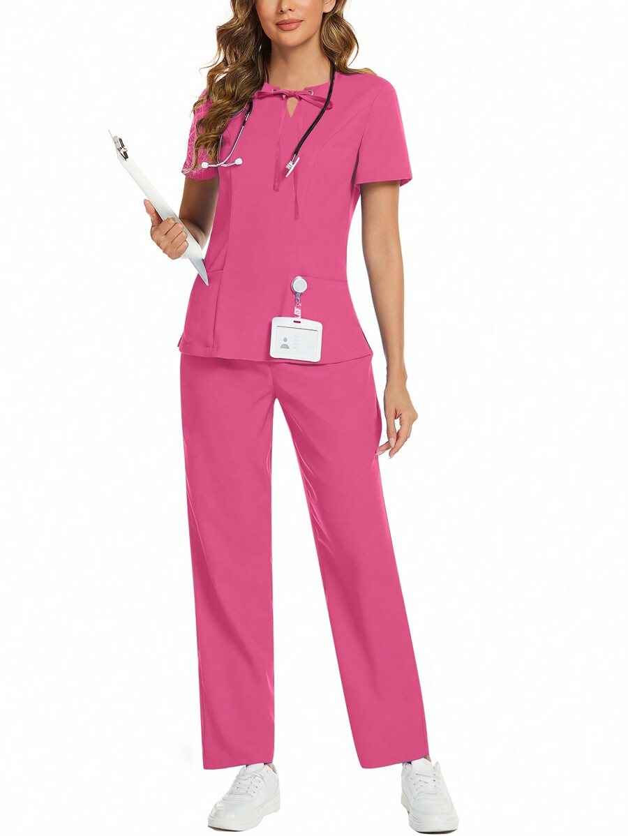 Solid Color Short Sleeve Top And Pants Scrub Nurse Uniform Set With Tie ...
