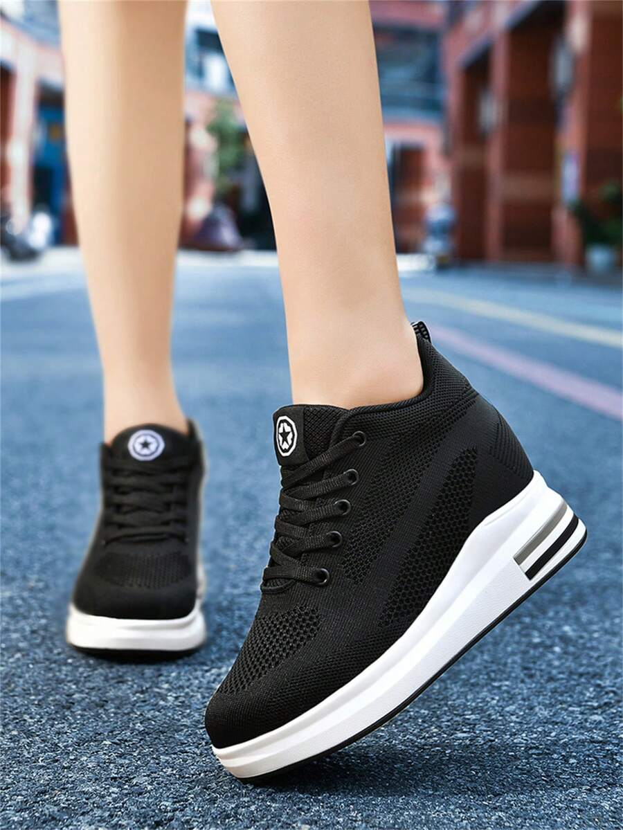 Women's Wedge Platform Sneakers, Casual Lace-Up Round Toe Rubber Sole ...