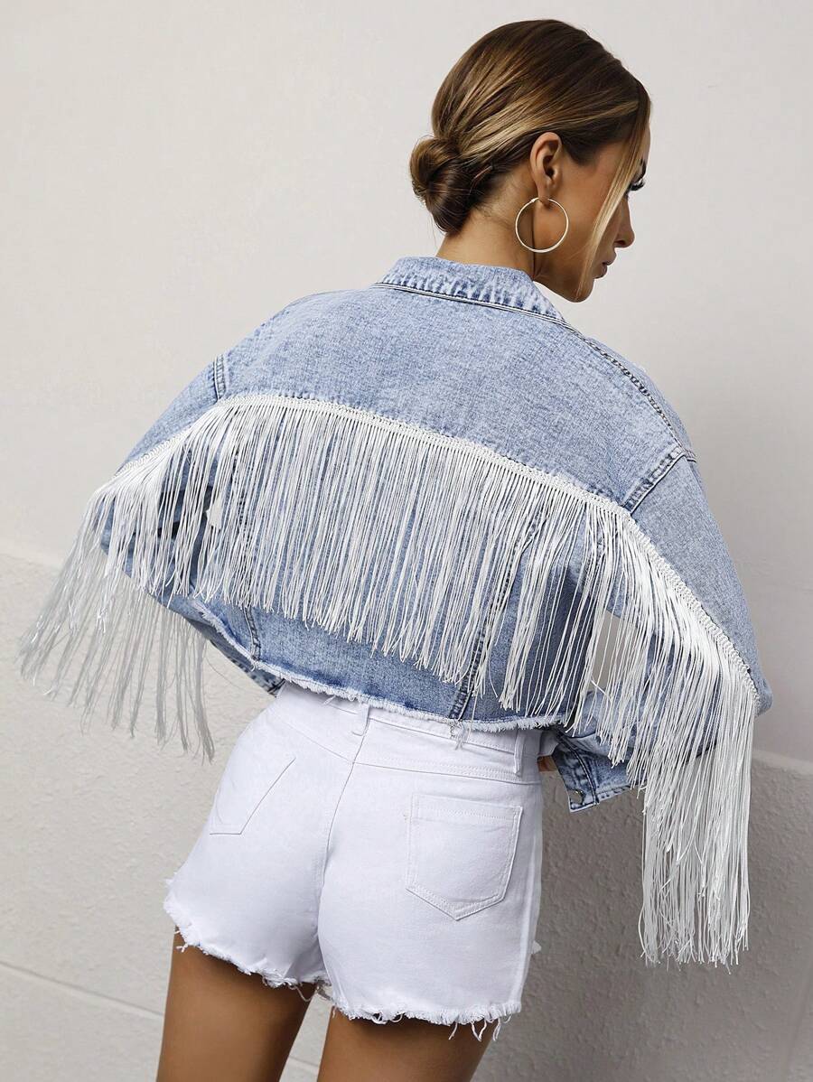 Selenza Fringe Raw Hem Button Front Crop Denim Jacket | SHEIN USA