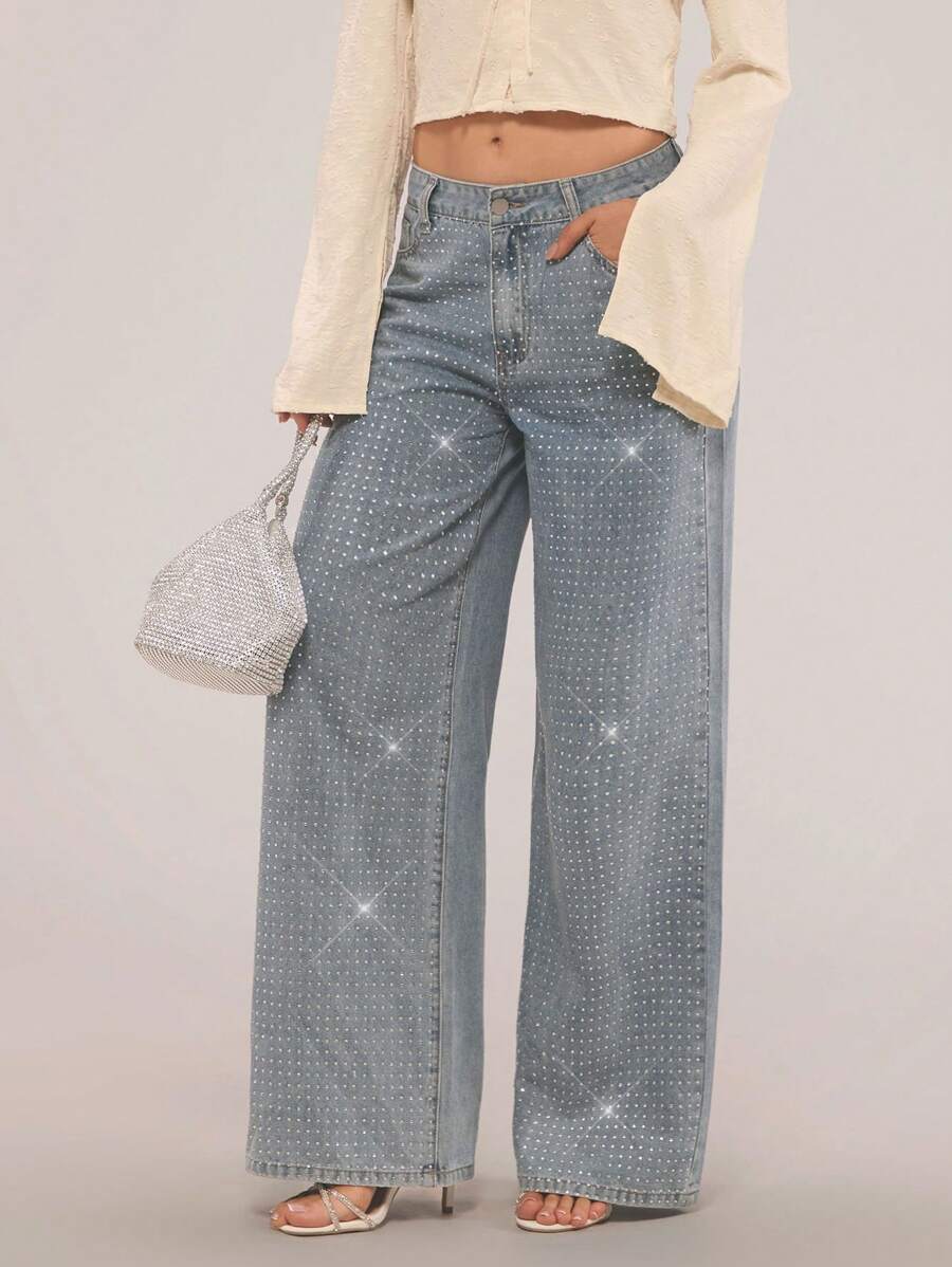 Forever 21 Vintage Wash Scattered Diamante Detail Straight Leg Jeans ...