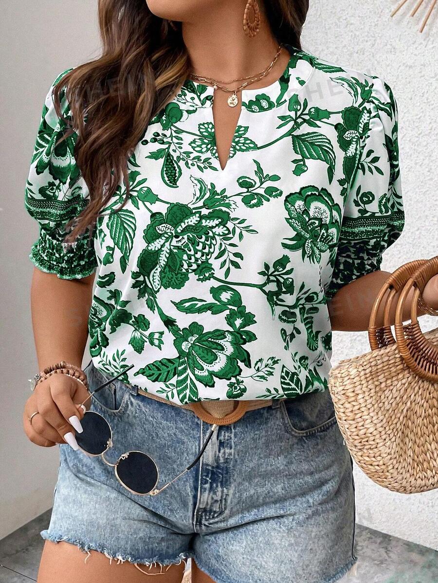 Shein Essnce Plus Floral Print Notched Neckline Puff Sleeve Blouse For