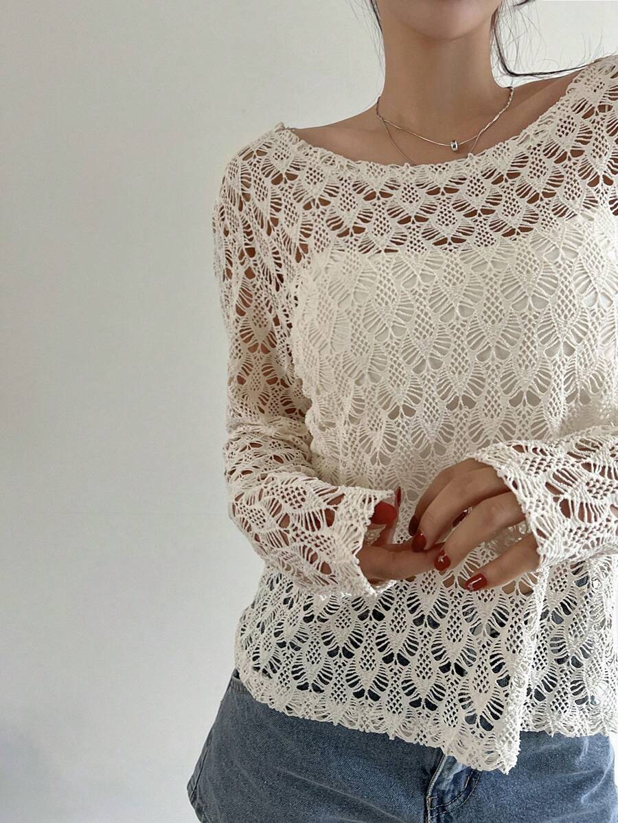 DAZY Women's Long Sleeve Sheer Mesh Round Neck Top Going Out Tops ...