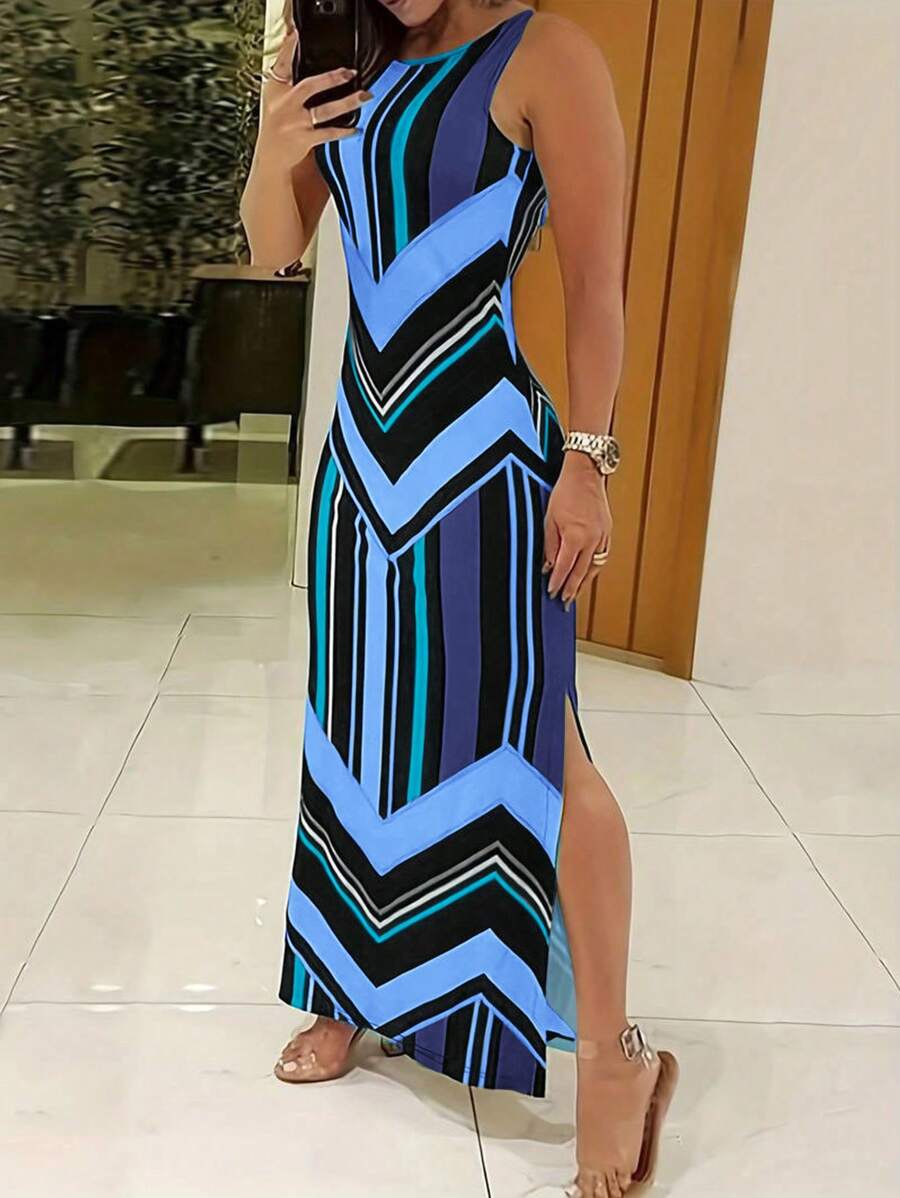 EMERY ROSE Sleeveless Geometric Pattern Slim-Fit Long Dress With Side Slits Maxi Women Outfit ...