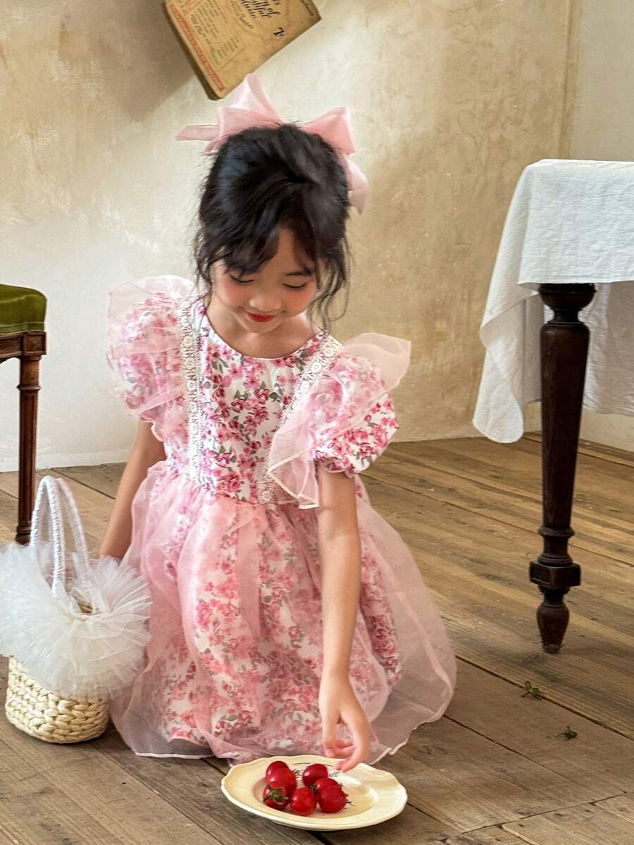 SHEIN Vintaside Kids فستان بناتي وردي للأطفال بمقاس S، يتميز بتصميم ورد ...