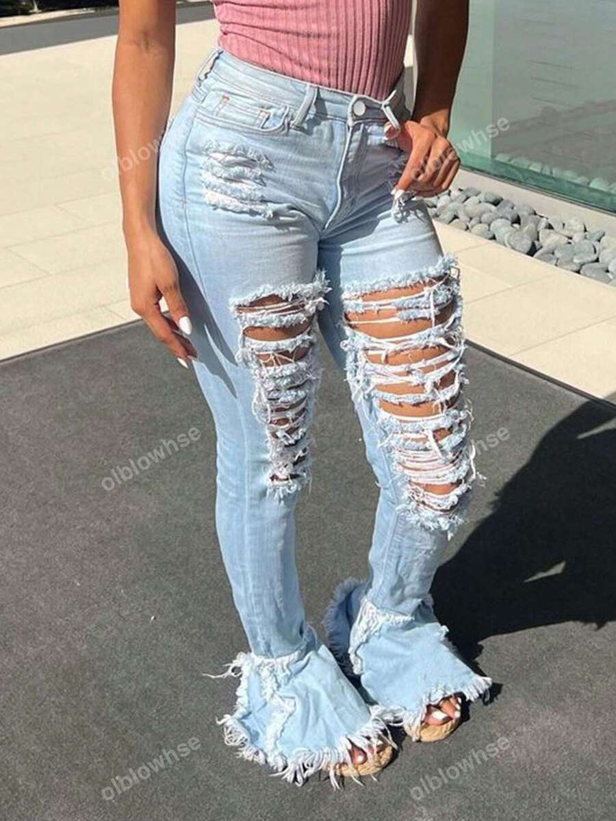 Rave Y2K Street High Waist Stretchy Slant Pocket Ripped Decor Raw Hem ...