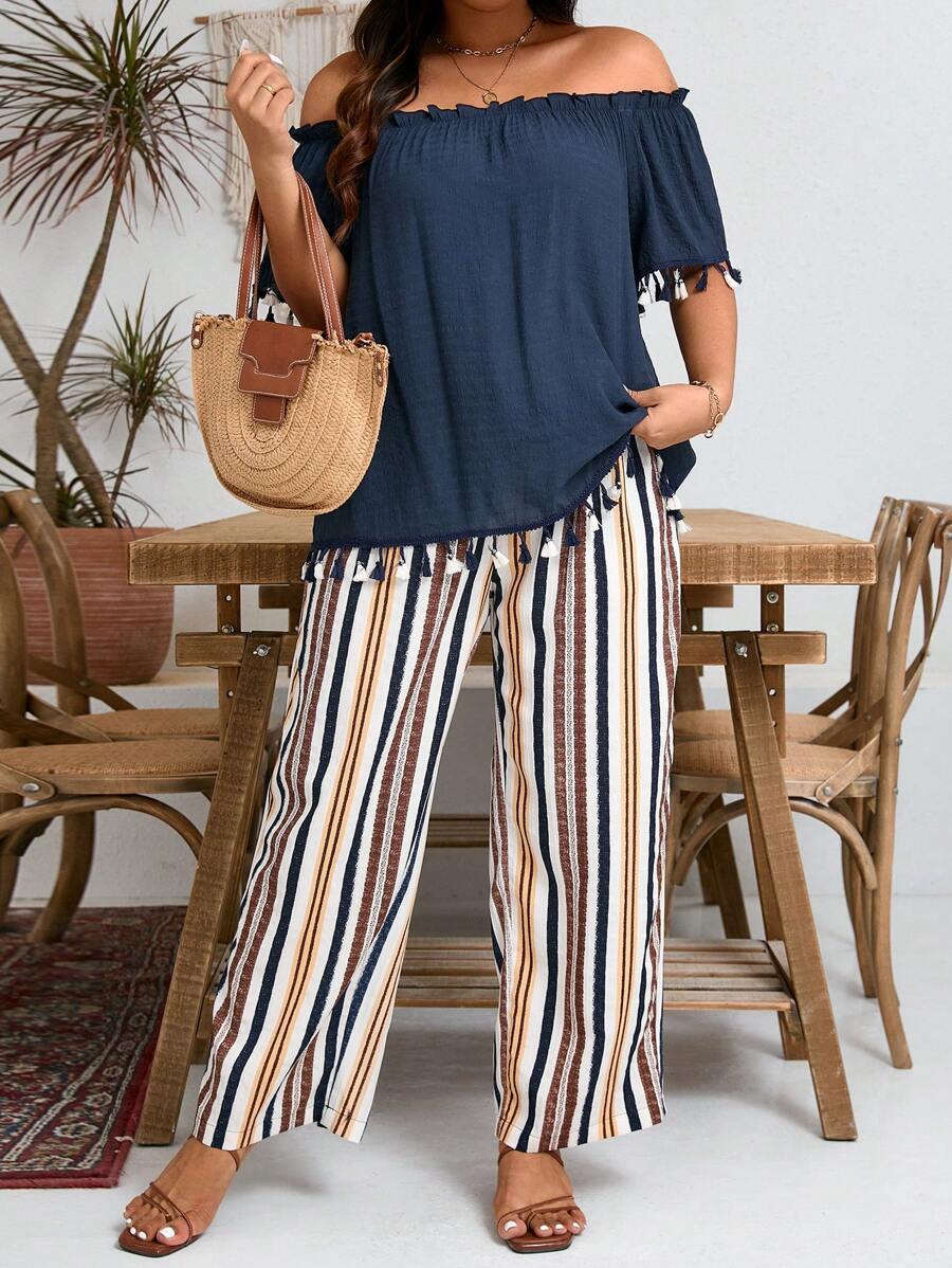 Plus Frill Trim Off Shoulder Top & Striped Print Pants For Summer ...