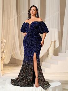 Faeriesty Plus Off Shoulder Puff Sleeves Ombre Sequin Mermaid Prom Dress Elegant Formal Evening ...