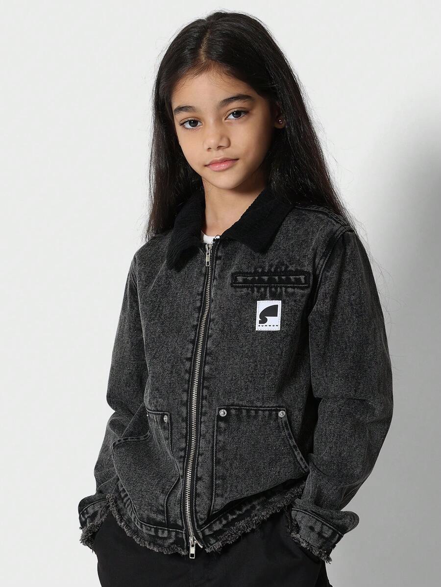 SUMWON Tween Girls Washed Denim Jacket With Contrast Collar | SHEIN USA