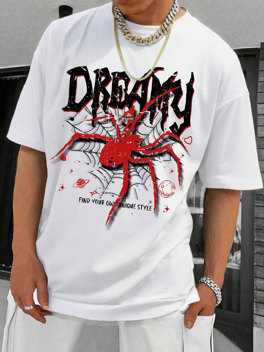 Manfinity EMRG En's Loose Street-Style White Knitted T-Shirt With Black Gothic Letters, Red ...