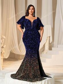 Faeriesty Plus Off Shoulder Puff Sleeves Ombre Sequin Mermaid Prom Dress Elegant Formal Evening ...