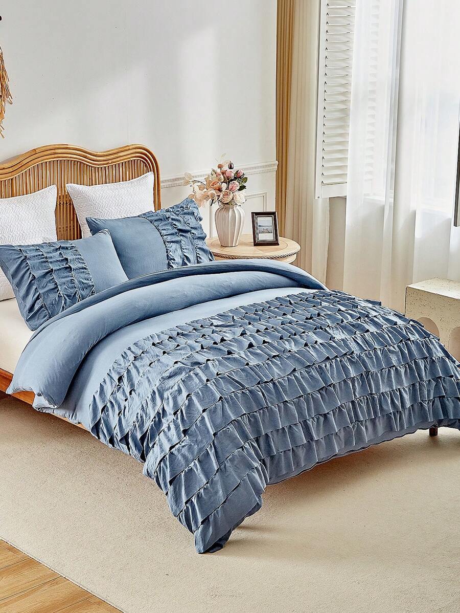 3pcs Blue Multi-Layer Ruffle Lace Crafted Polyester Duvet Cover Set ...