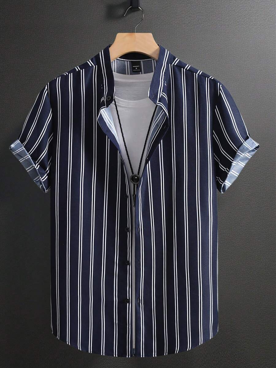 Manfinity Homme Men's Summer Striped Short Sleeve Casual Shirt, Button ...