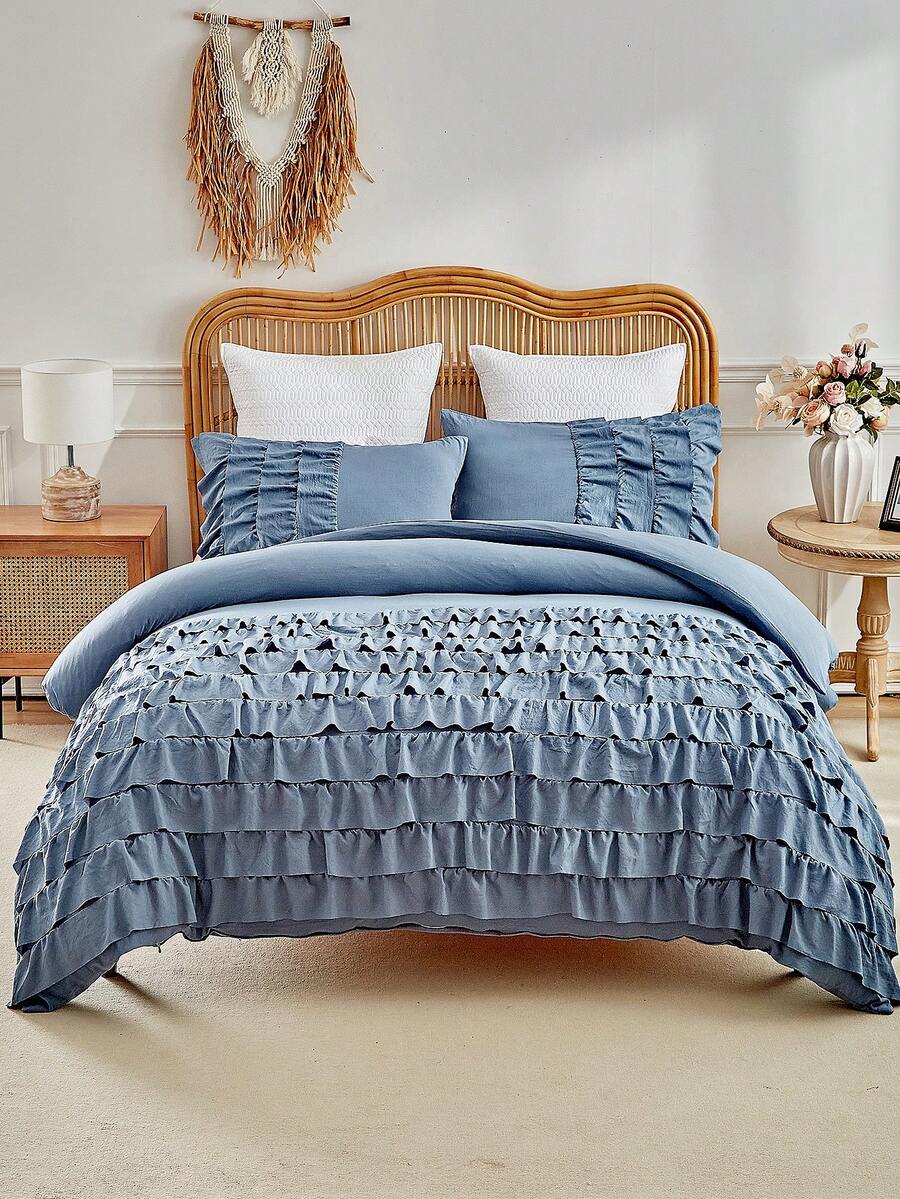 3pcs Blue Multi-Layer Ruffle Lace Crafted Polyester Duvet Cover Set ...