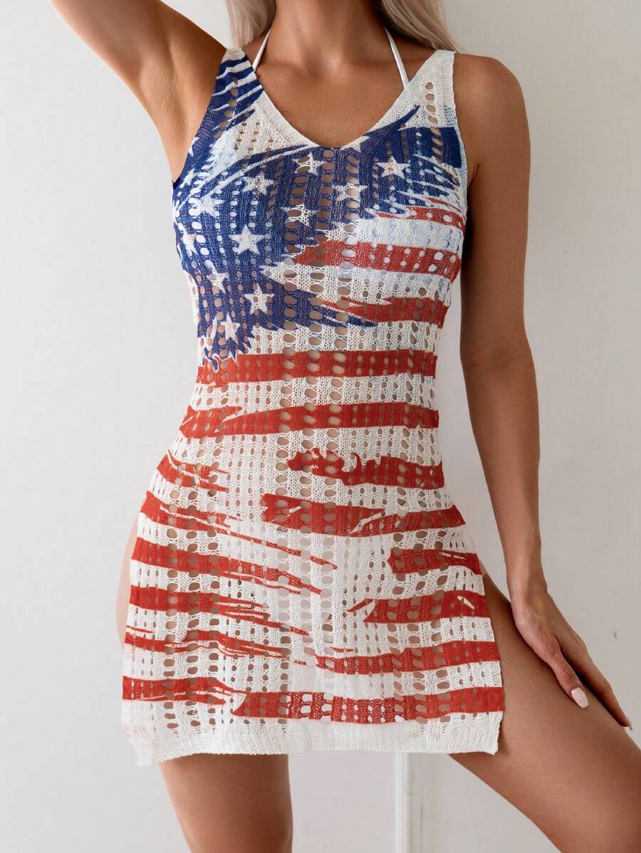 SHEIN Swim USA Flag Pattern Split Hem Cover Up Dress Without Bikini For ...