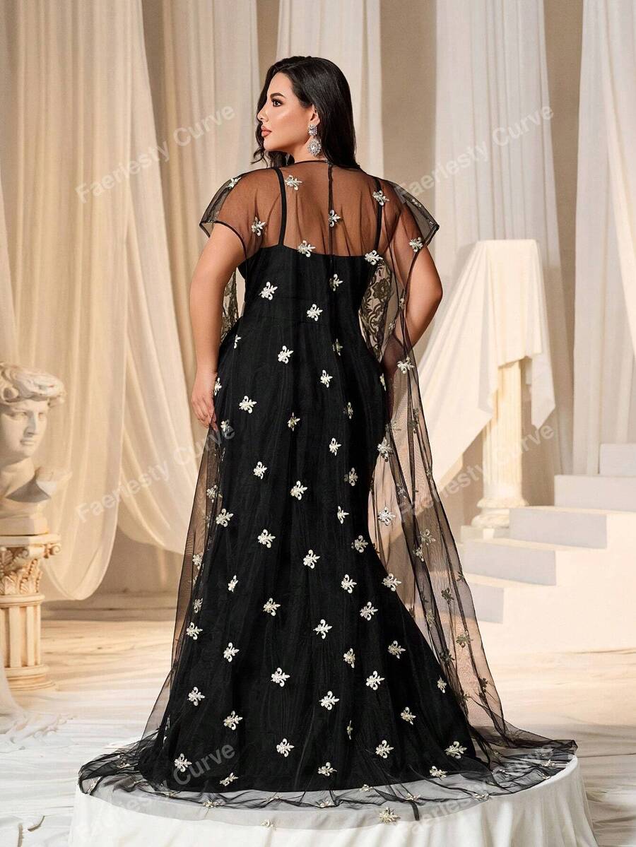 Faeriesty Plus Mermaid Hem Formal Slip Dress With Cape Black Elegant Prom Evening Wedding Guest ...