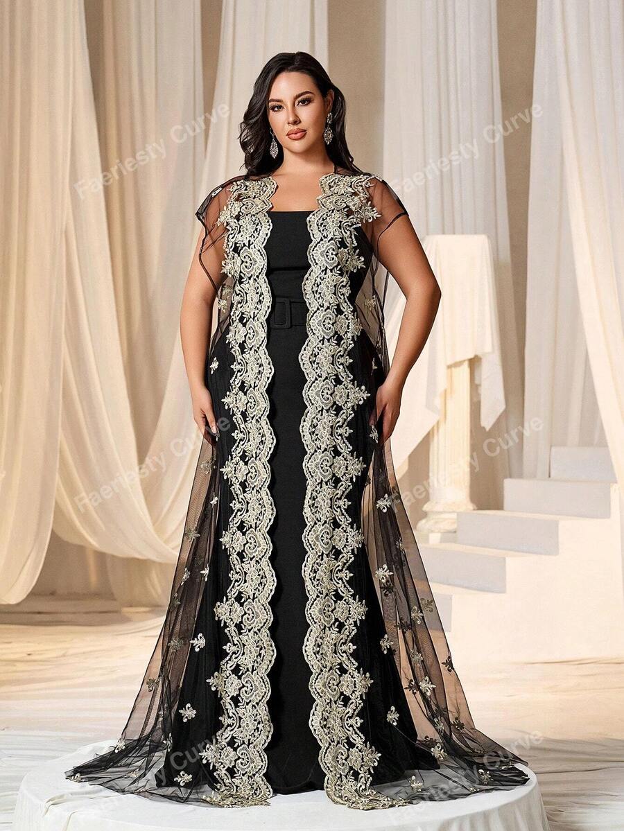 Faeriesty Plus Mermaid Hem Formal Slip Dress With Cape Black Elegant Prom Evening Wedding Guest ...