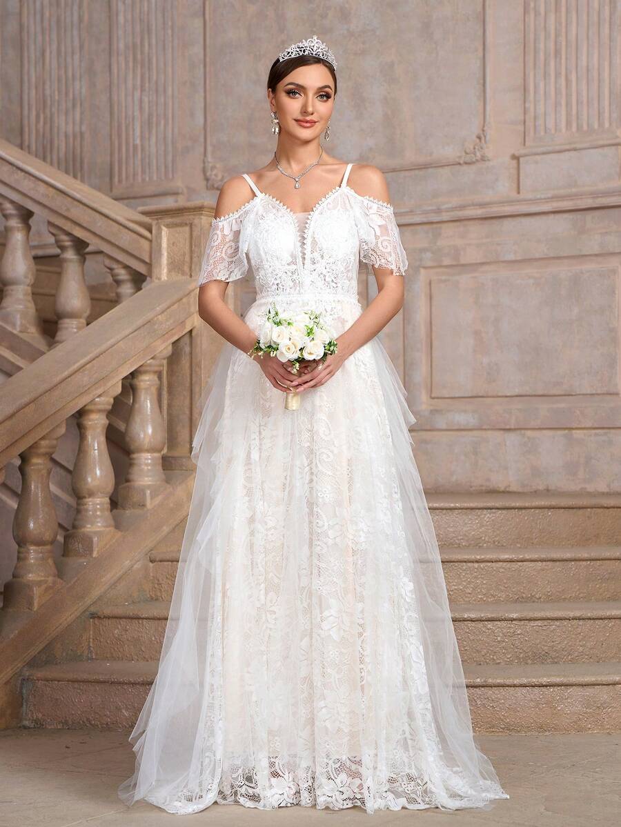 White Open Shoulder Asymmetrical Mesh Splice Luxurious Wedding Party ...