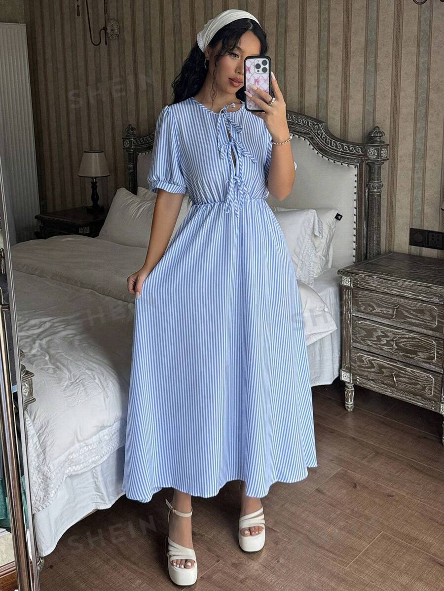 SHEIN Essnce Casual Blue & White Striped Long Dress For Women ...