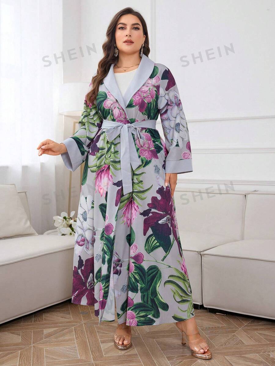SHEIN Najma Plus Size Arabesque Casual Dress With Random Floral Pattern And Belt | SHEIN South ...
