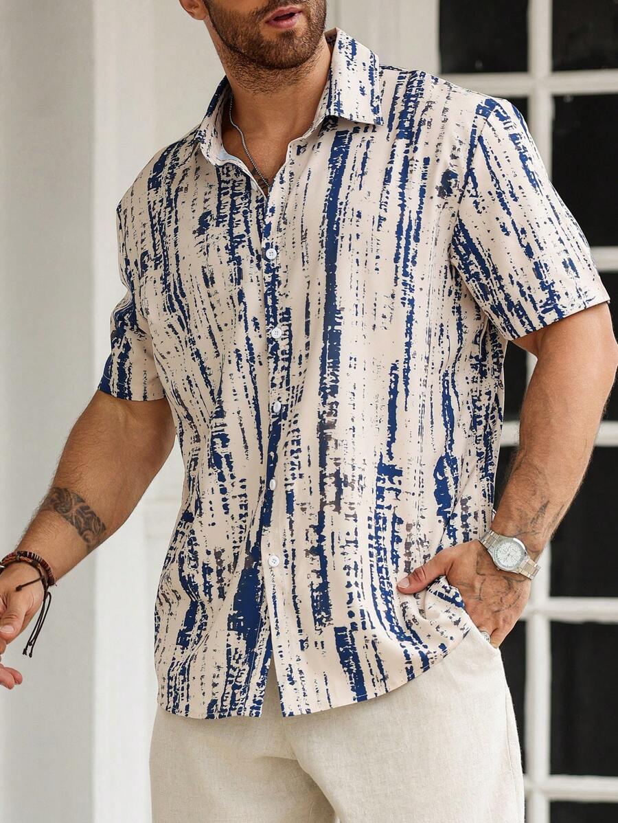 Manfinity Homme Plus Men Tie Dye Color Block Short Sleeve Collar Shirt, For Vacation | SHEIN USA