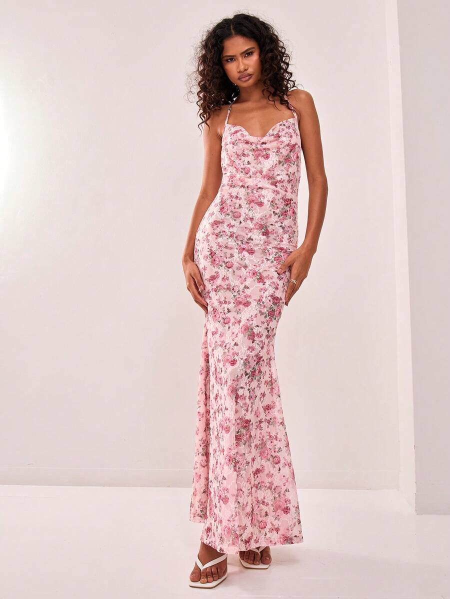 MUSERA Sexy Floral Print Mesh Cowl Maxi Dress Ibiza Fits Boho Spring Vacation Summer Festival ...