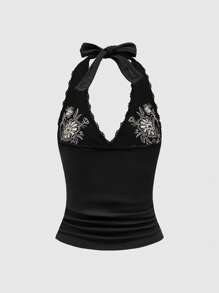 ROMWE Hippie Women's Summer Floral Embroidered Lace Splice Front Tie ...