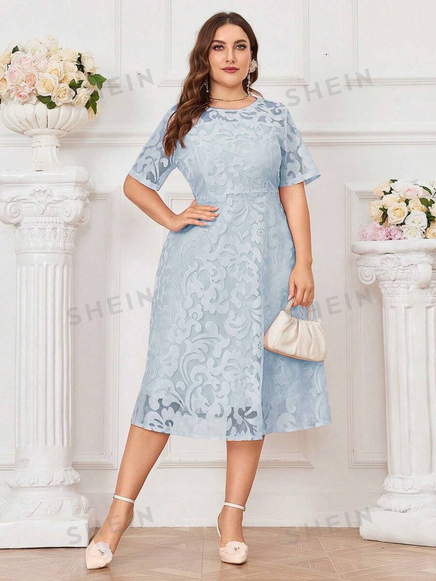 SHEIN Clasi Plus Solid Short Sleeve Lace Elegant Dress, Semi Formal Wedding Guest Dress | SHEIN EUR