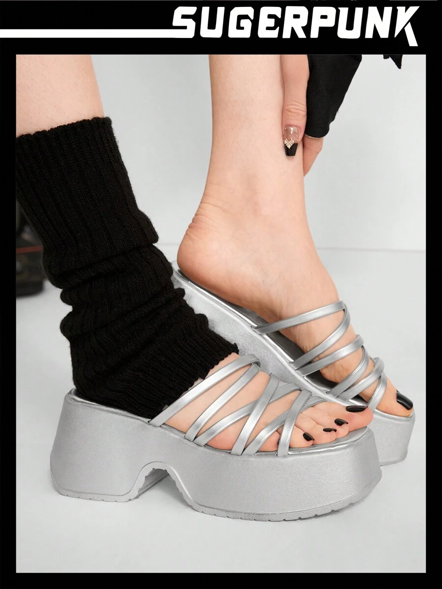 Sugerpunk Gothic Punk Rock Summer Sandals For Women, Dark Silver Cross ...